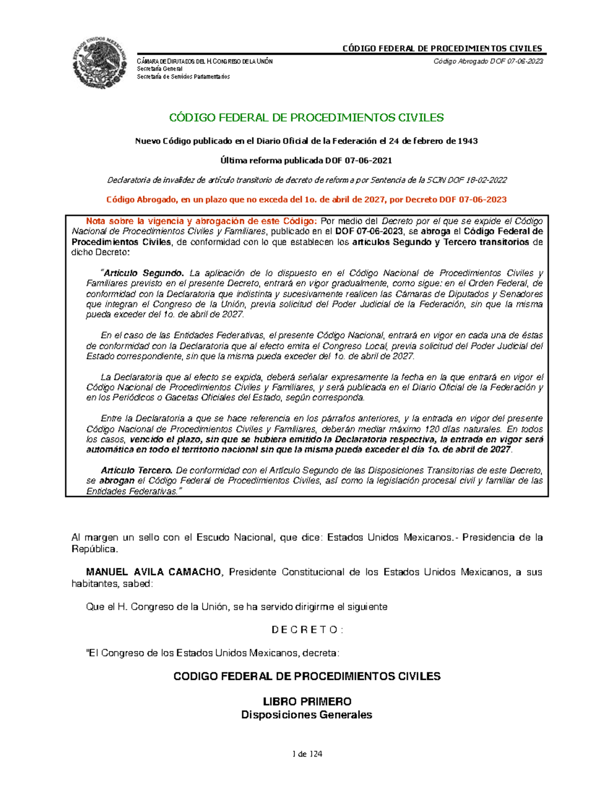 CÓDIGO FEDERAL DE PROCEDIMIENTOS CIVILES: Análisis y Abrogación DOF ...