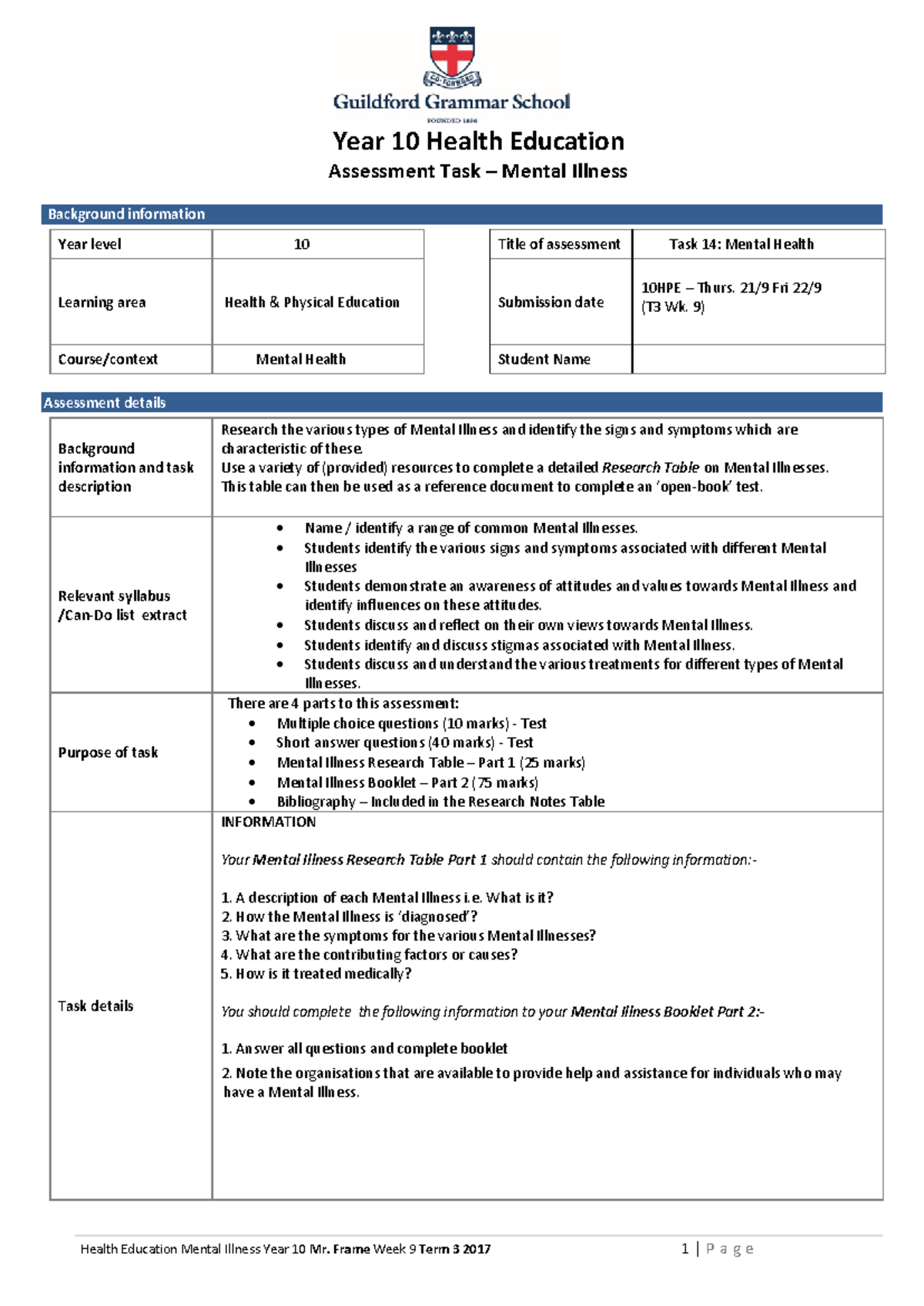 358035594 Year 10 HPE Task 14: Mental Health Assessment Guide - Studocu