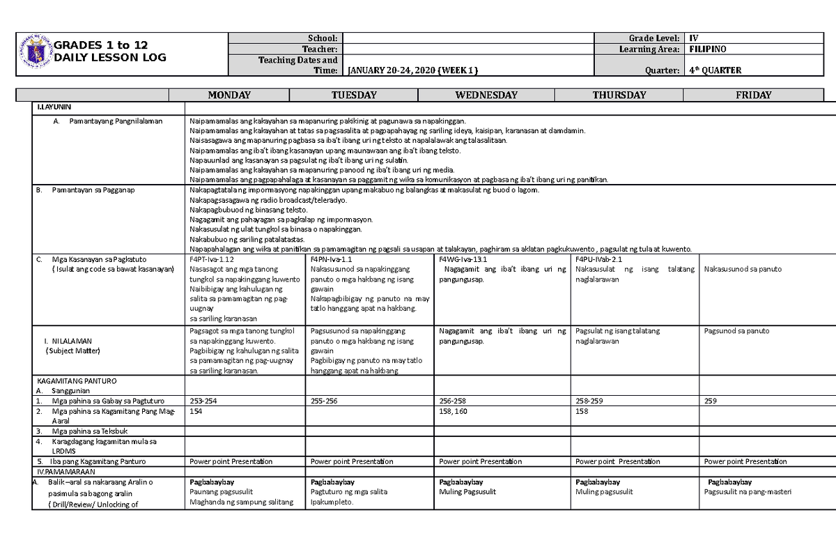 DLL Filipino 4 Q4 W1 - Comprehensive Lesson Planning Guide - Studocu