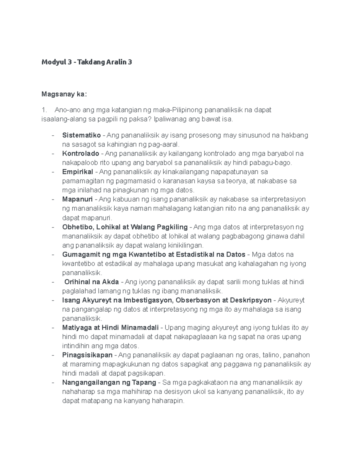 Katangian NG Pananaliksik - Modyul 3 - Takdang Aralin 3 Magsanay ka: Ano-ano ang mga katangian ...