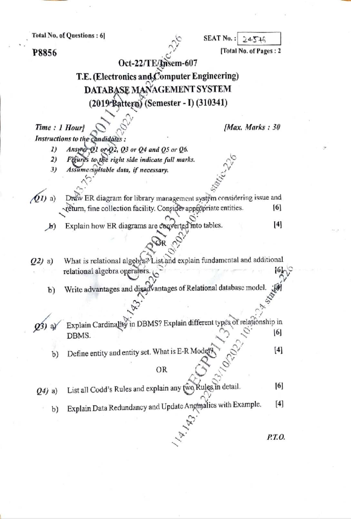 DBMS In-Sem Exam TE ECE (310341) March 2023 - Question Paper - Studocu