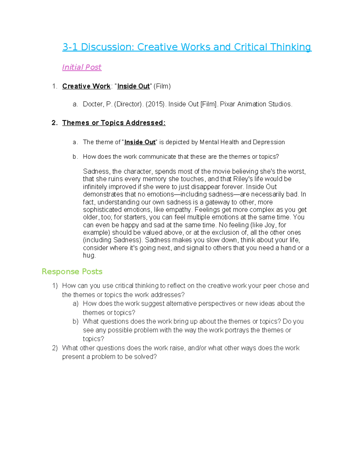3-1 Discussion: Critical Analysis of "Inside Out" and Its Themes - Studocu