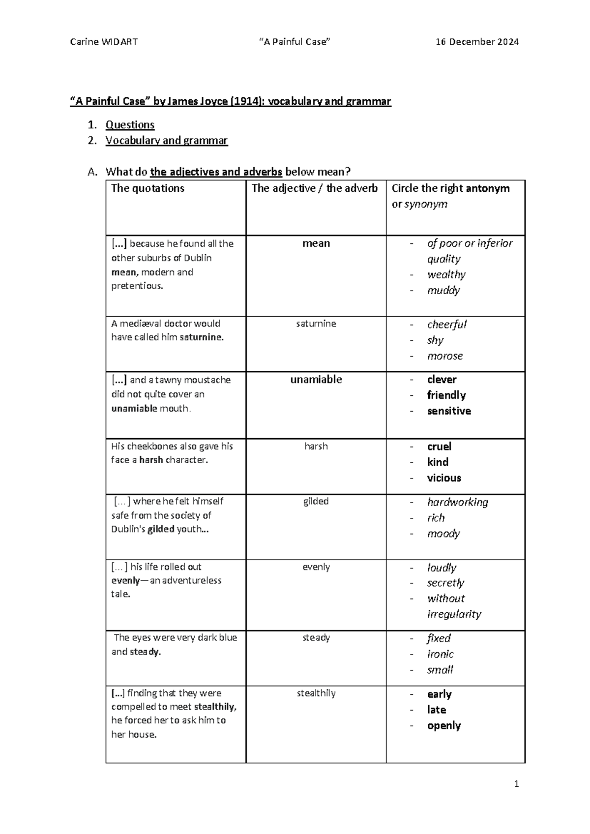 A Painful Case - Vocabulary & Grammar Analysis (ENG 101) - Studocu