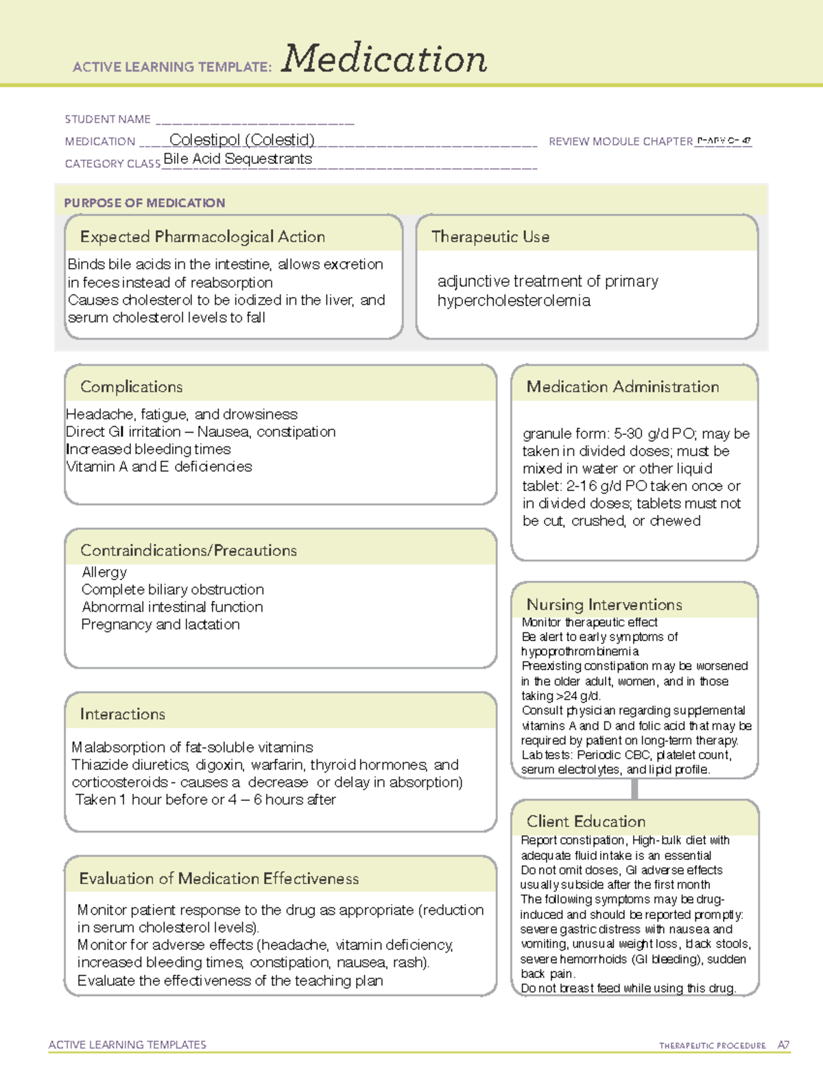 Colestipol (Colestid) Nursing Active Learning Template Guide - Studocu