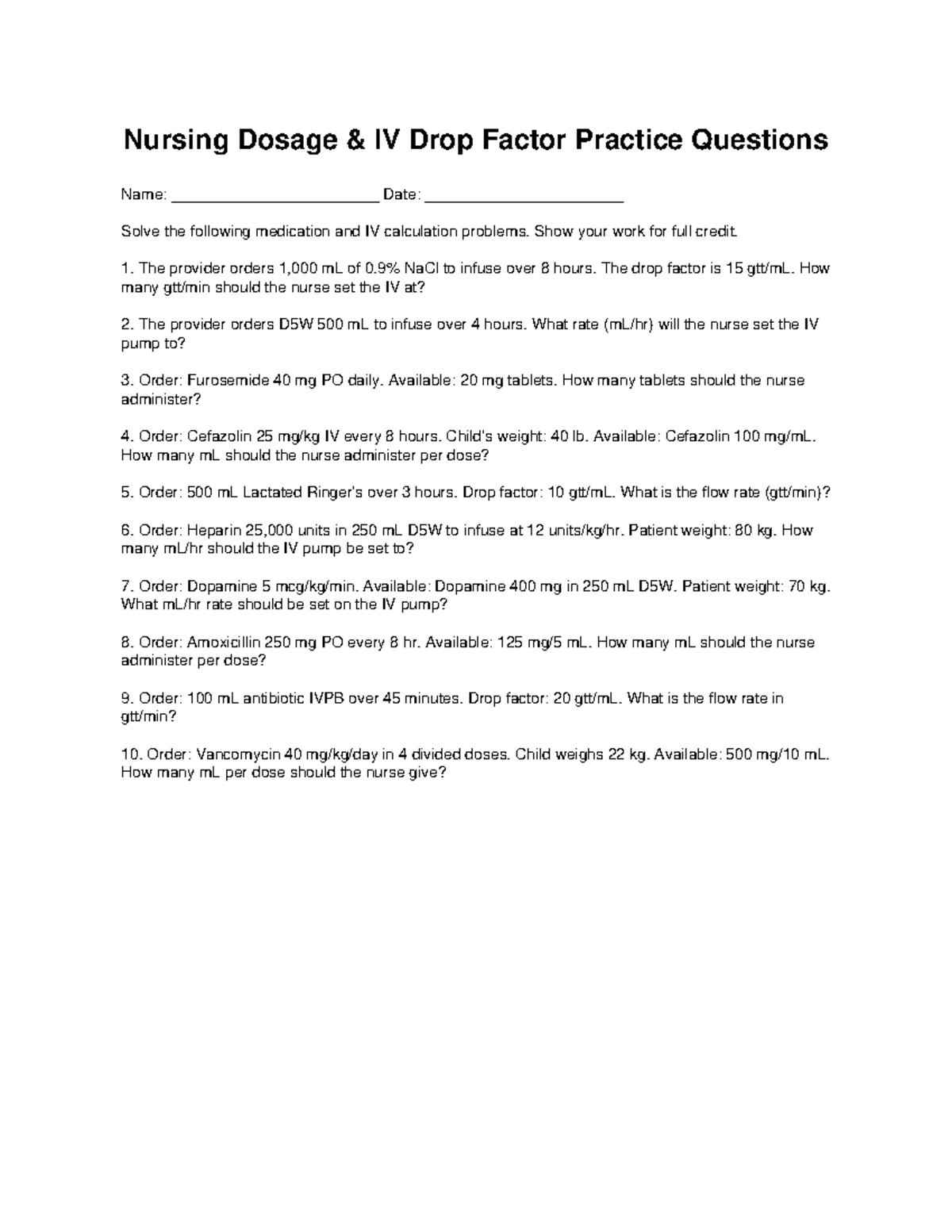Nursing Dosage Calculations IV Drop Factor Practice Questions - Studocu