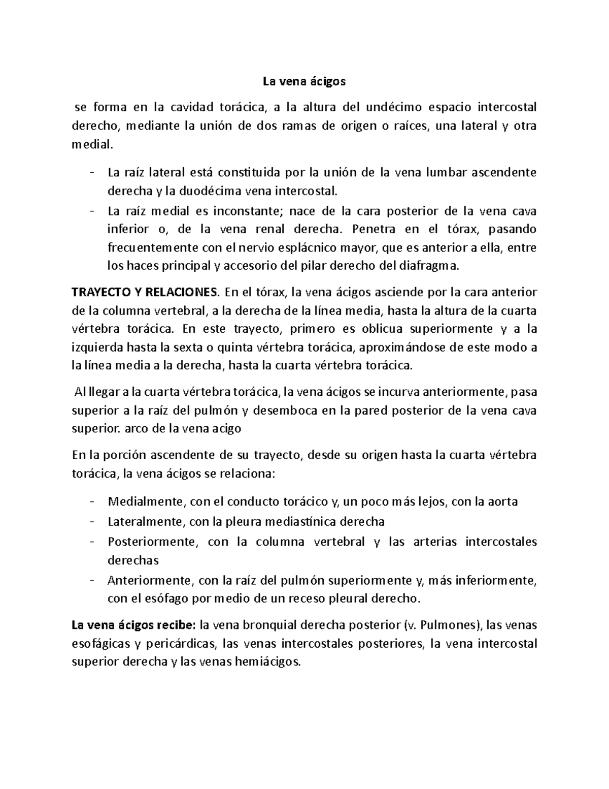 La vena ácigos y el conducto torácico: apuntes de anatomía - Studocu