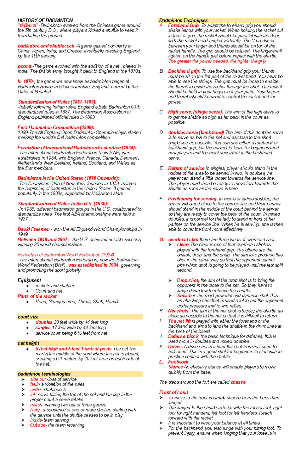 HISTORY OF BADMINTON: Evolution, Techniques, and Rules - Studocu