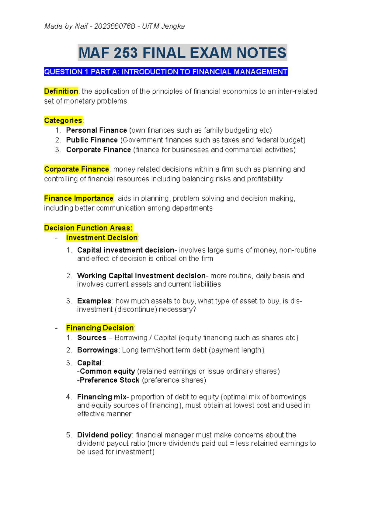 MAF 253 Final Exam Notes: Introduction to Financial Management - Studocu