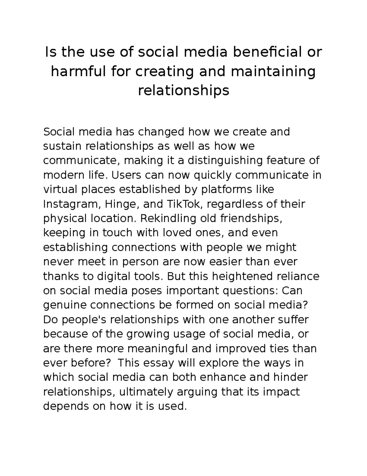 Argumentative Essay 104: The Impact of Social Media on Relationships ...