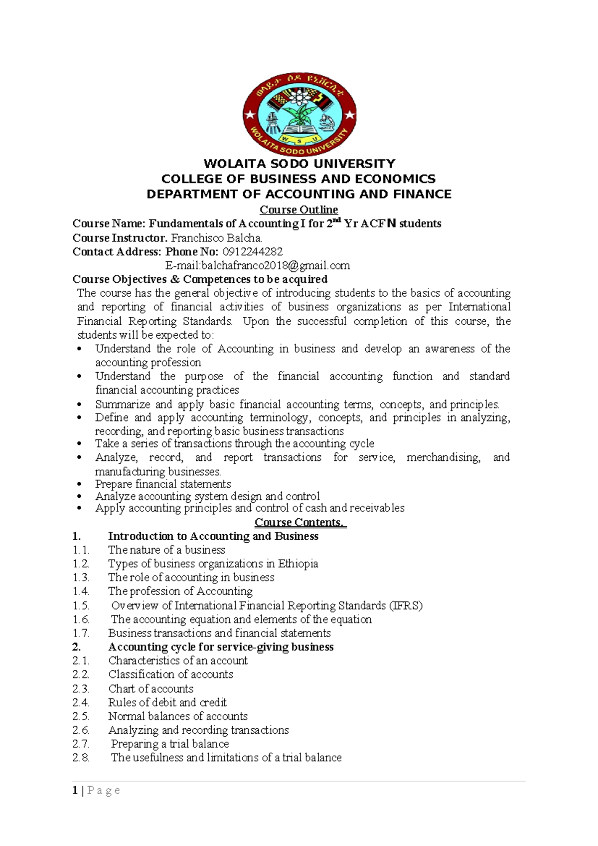 Course outline - WOLAITA SODO UNIVERSITY COLLEGE OF BUSINESS AND ...