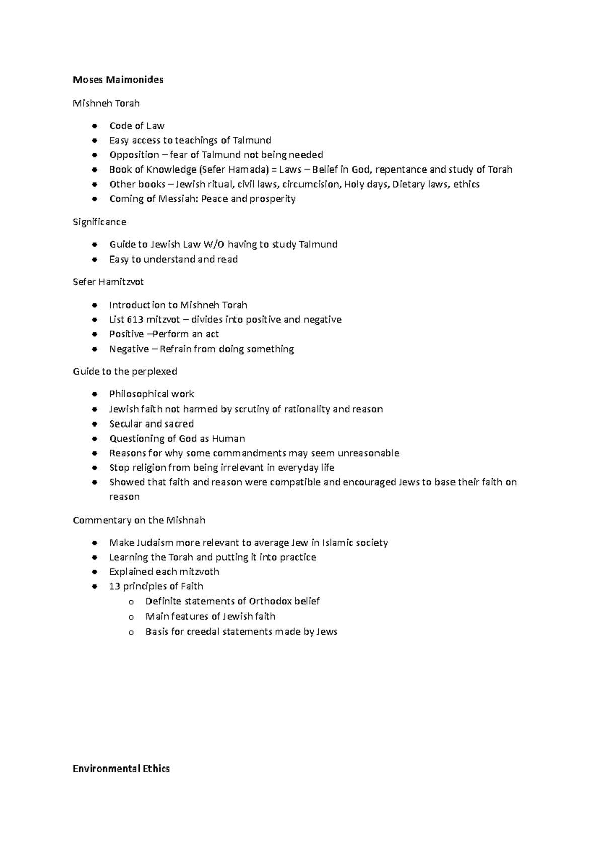 Studies of Religion Notes - Moses Maimonides - Moses Maimonides Mishneh ...