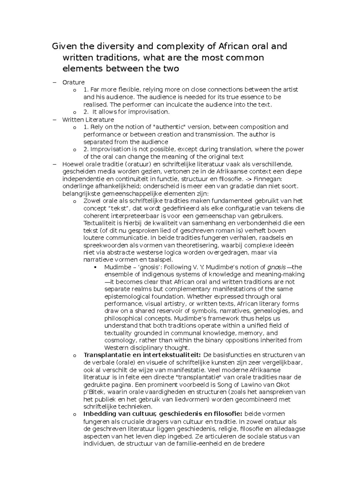 LMA 101: Exam Preparation on African Oral and Written Traditions - Studocu