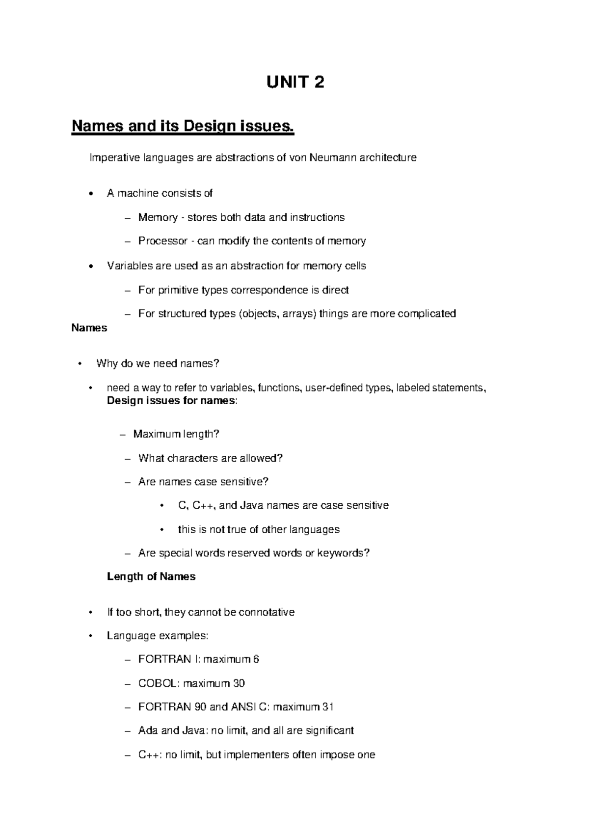PPL UNIT-II - Names and Design Issues in Programming Languages - Studocu