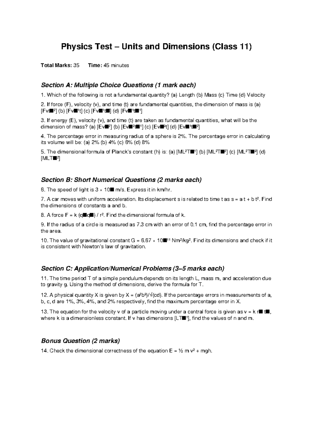 Units and Dimensions Test (Class 11) - Physics Exam - Studocu