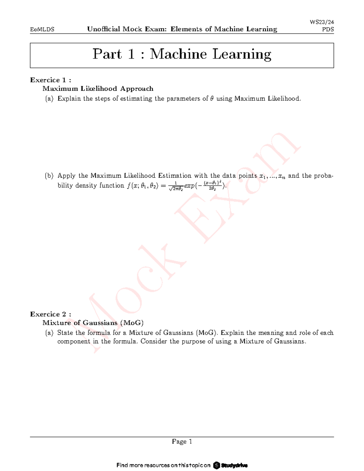 EoMLDS Unofficial Mock Exam: Elements of Machine Learning PDS - Studocu