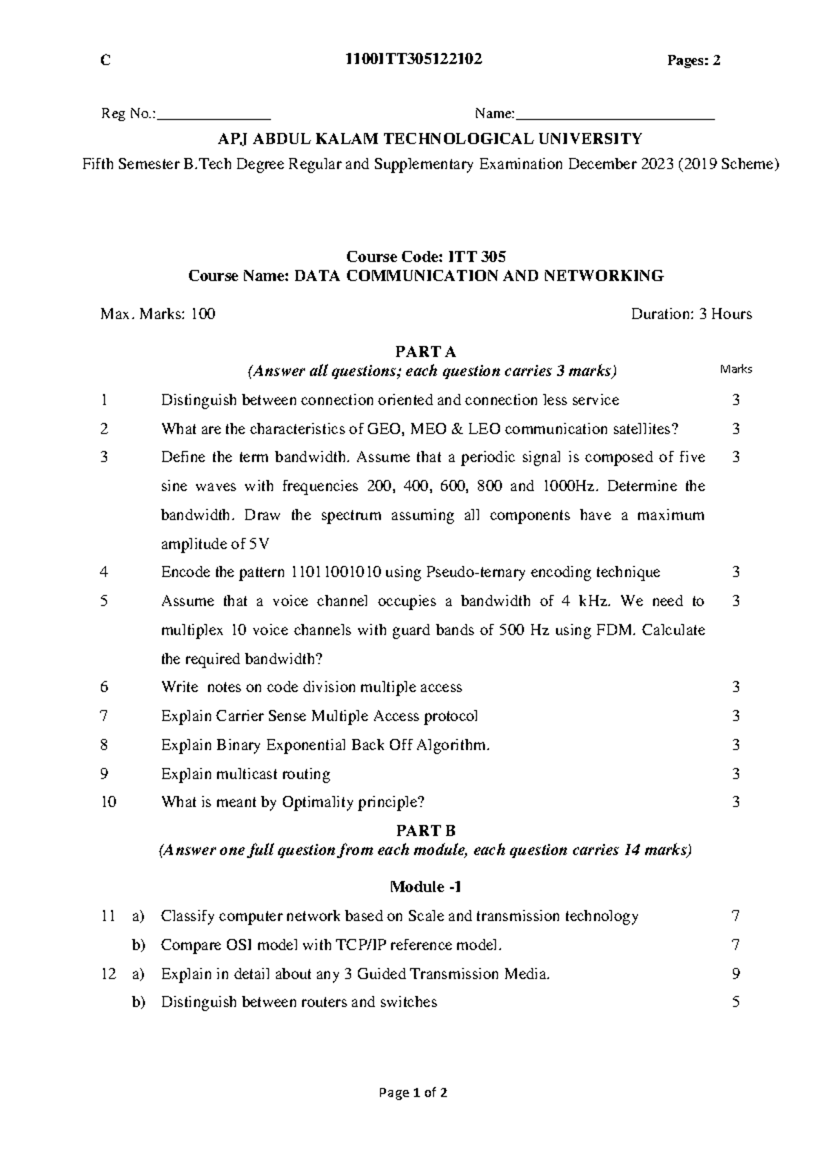 ITT 305 - Data Communication & Networking: PYQ December 2023 - Studocu