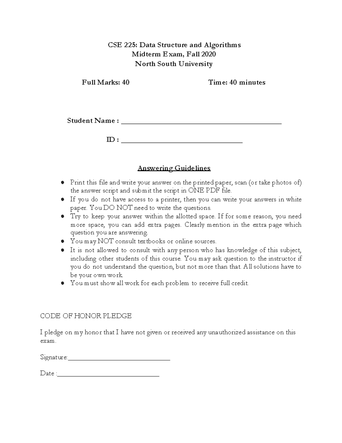 CSE 225: Data Structures & Algorithms Midterm Exam Guide, Fall 2020 ...