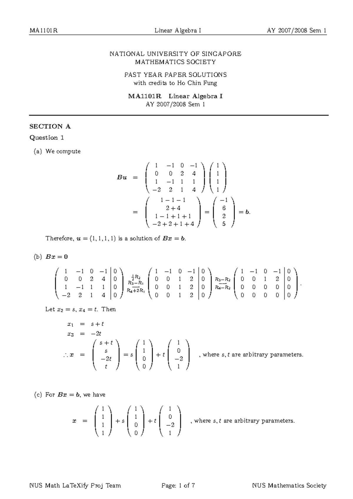 MA1101R Linear Algebra I AY Sem 1 Past Year Paper Solutions - Studocu