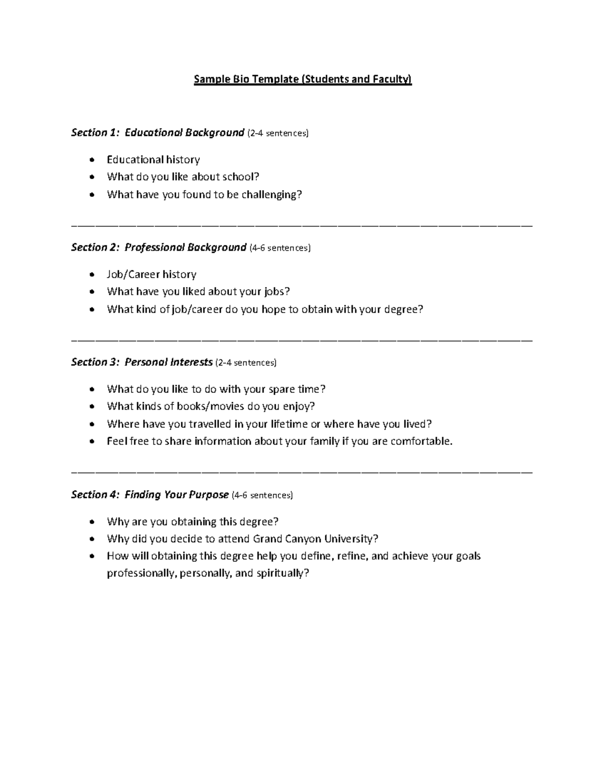Sample BIO Template for Students & Faculty - GCU - Studocu