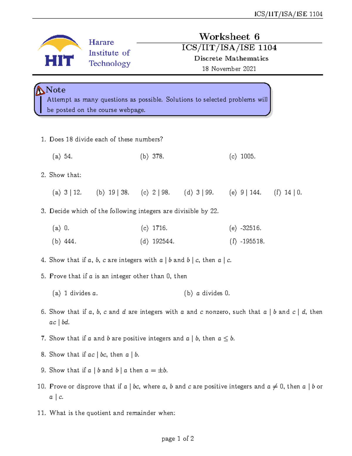 Discrete Maths work sheet 6-wk6 - ICS/IIT/ISA/ISE 1104 Worksheet 6 ICS/IIT/ISA/ISE 1104 Discrete ...