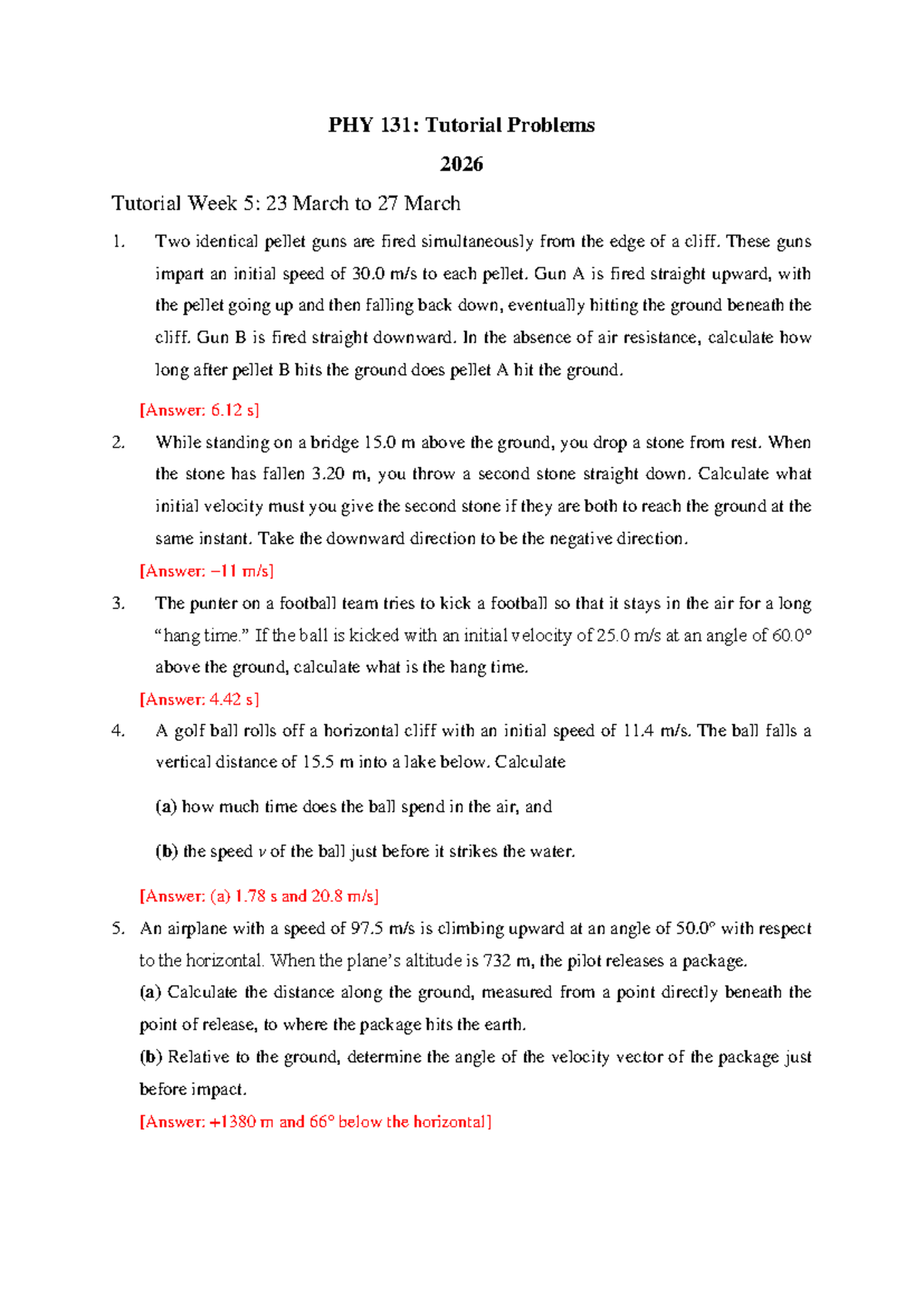 PHY 131: Tutorial Problems for Week 5 (23-27 March 2026) - Studocu