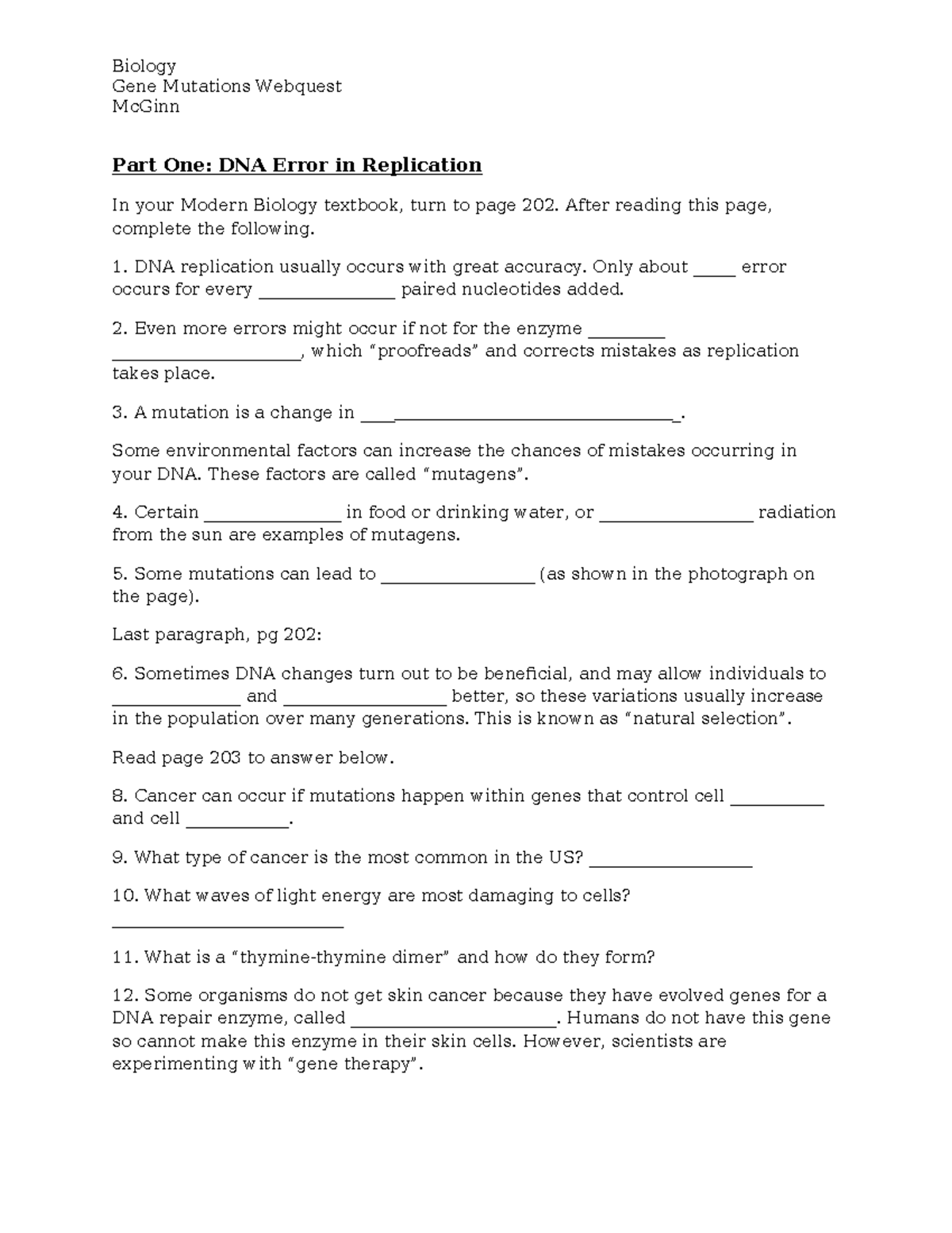 Genetic Mutations Webquest (Bio 101): Understanding DNA Errors and ...