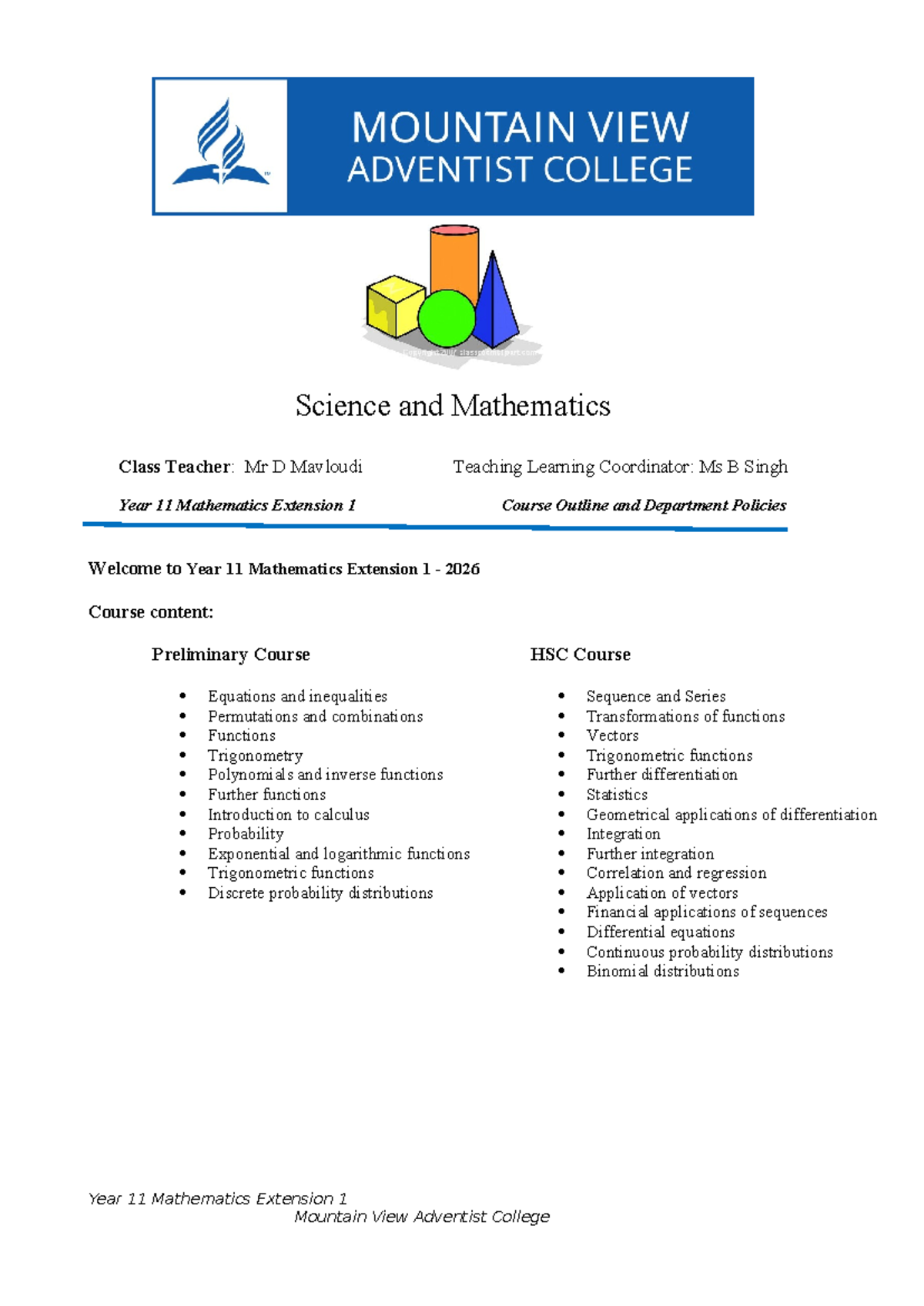 Yr 11 Maths Ext 1 Course Outline & Policies 2026 - Studocu