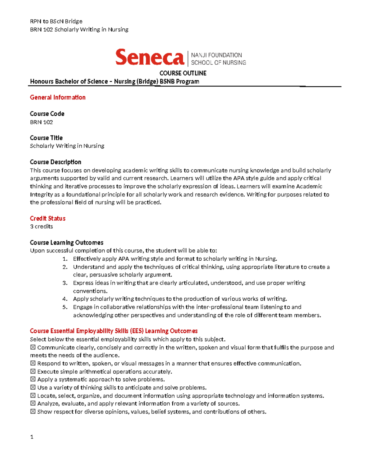 BRN 102 Scholarly Writing in Nursing Course Outline - Fall 2024 - Studocu