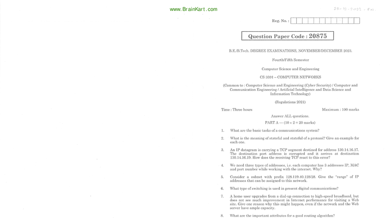 Brainkart Computer Networks - CS3591 2021 Regulation - Question Paper ...