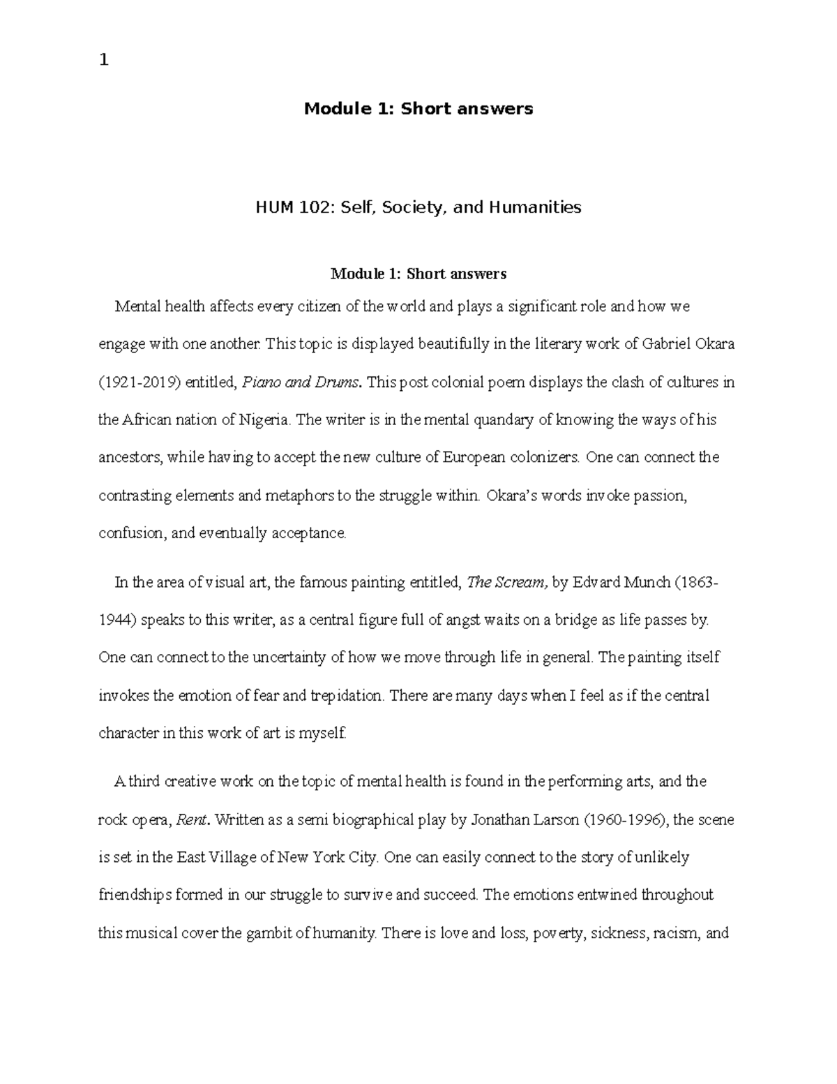 HUM 102 Mod1: Short Answer Responses on Mental Health & Art - Studocu
