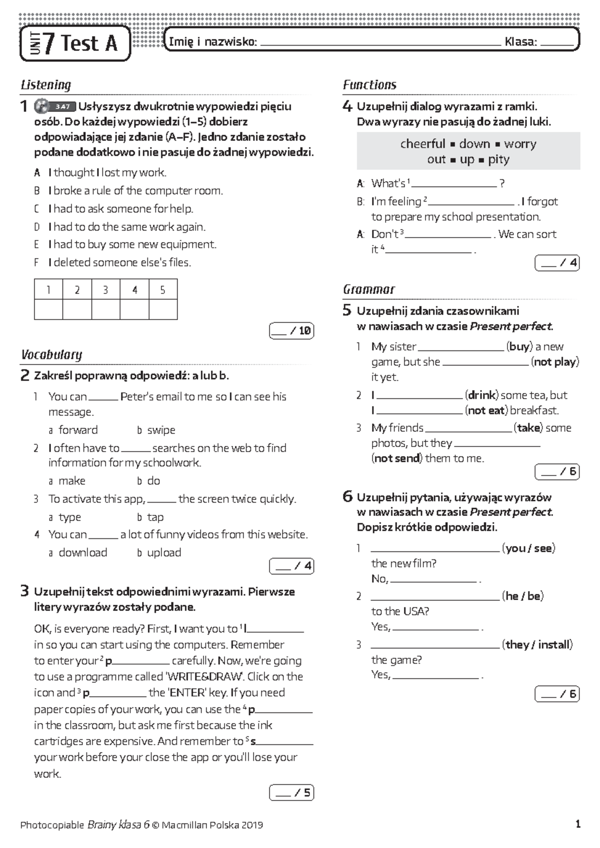 Brainy kl6 Unit Test 7 A - Listening, Vocabulary, Functions & Grammar ...