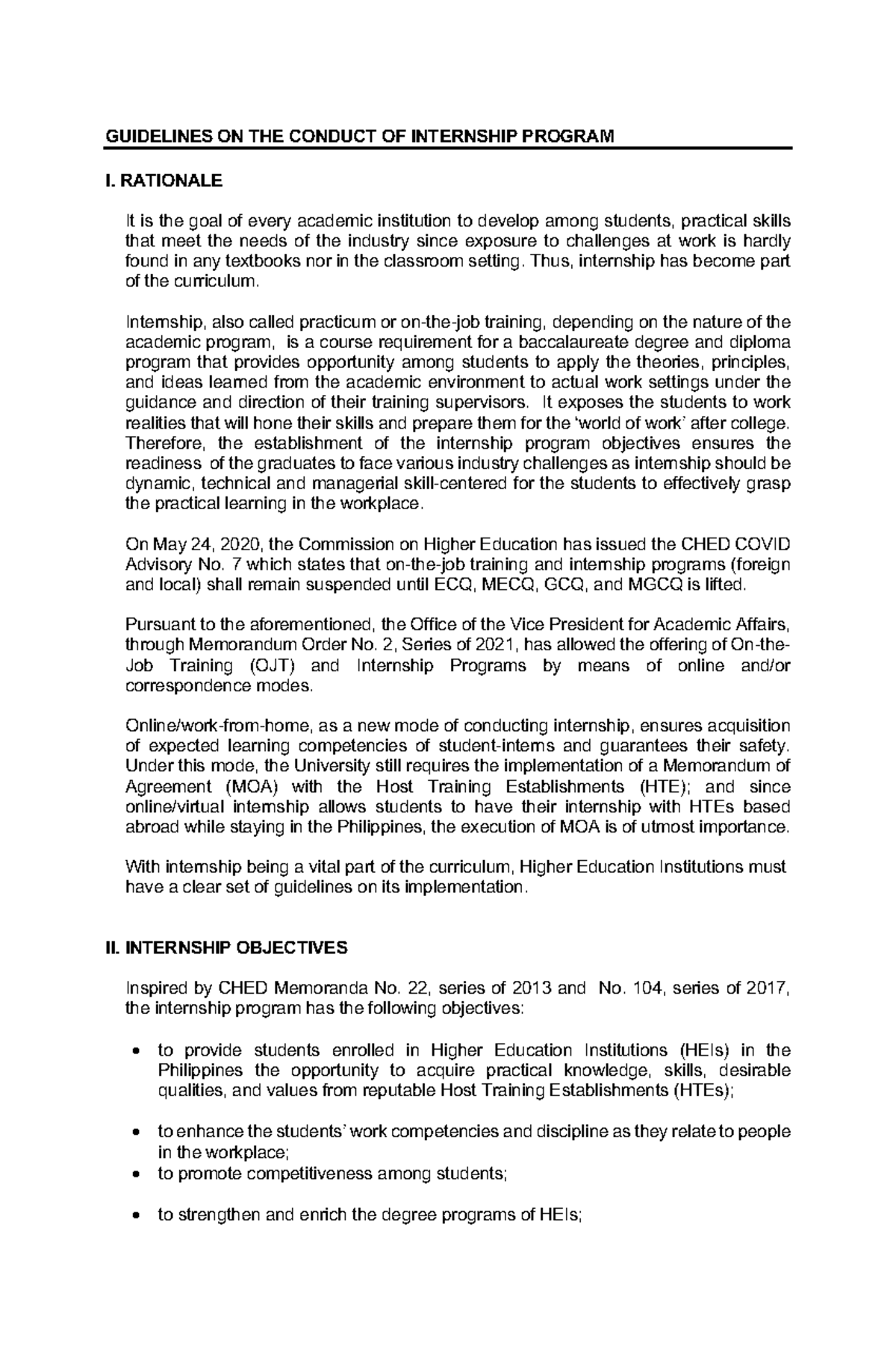 Guidelines for Conducting Internship Programs: CHED Compliance - Studocu