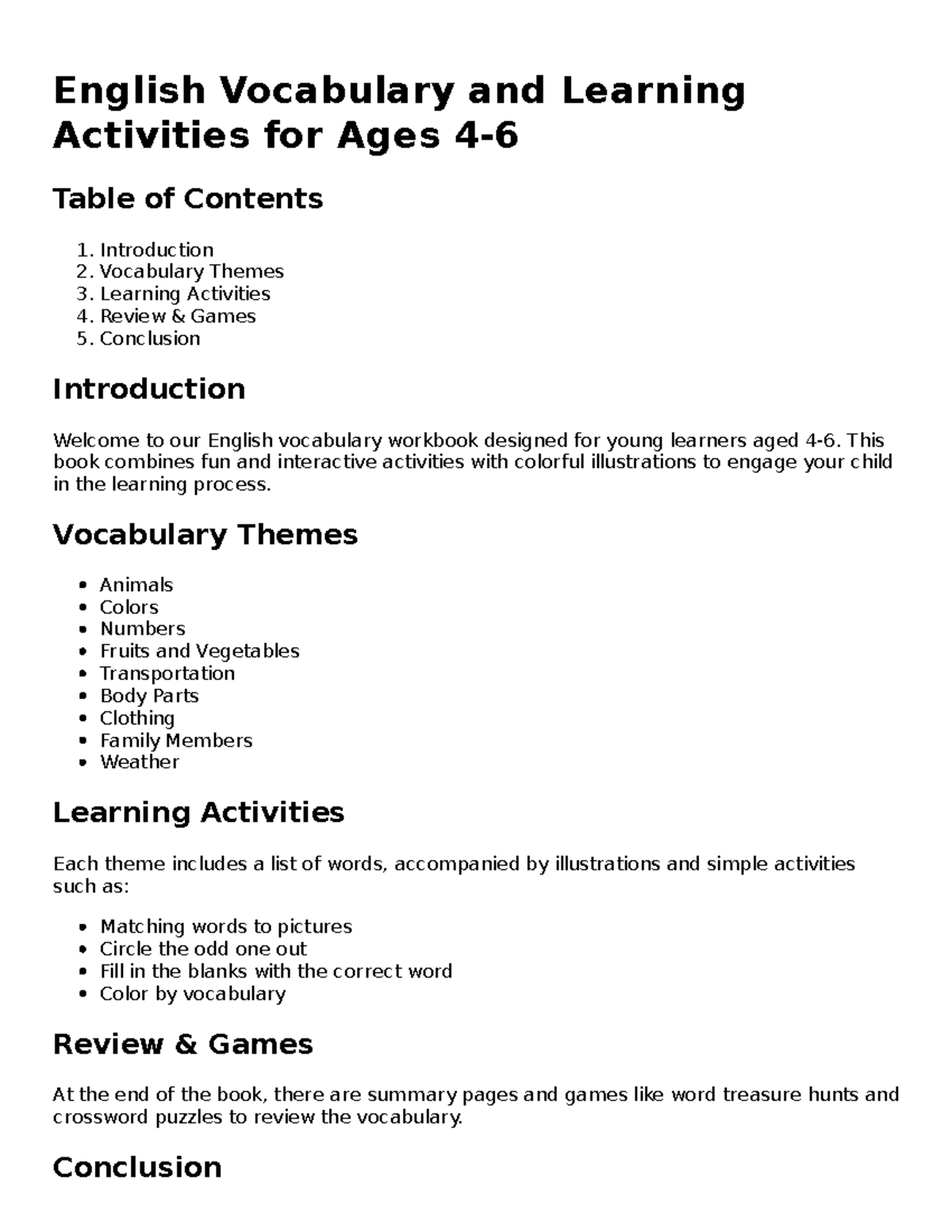 English Vocabulary Workbook for Kids Aged 4-6: Fun Learning Activities ...