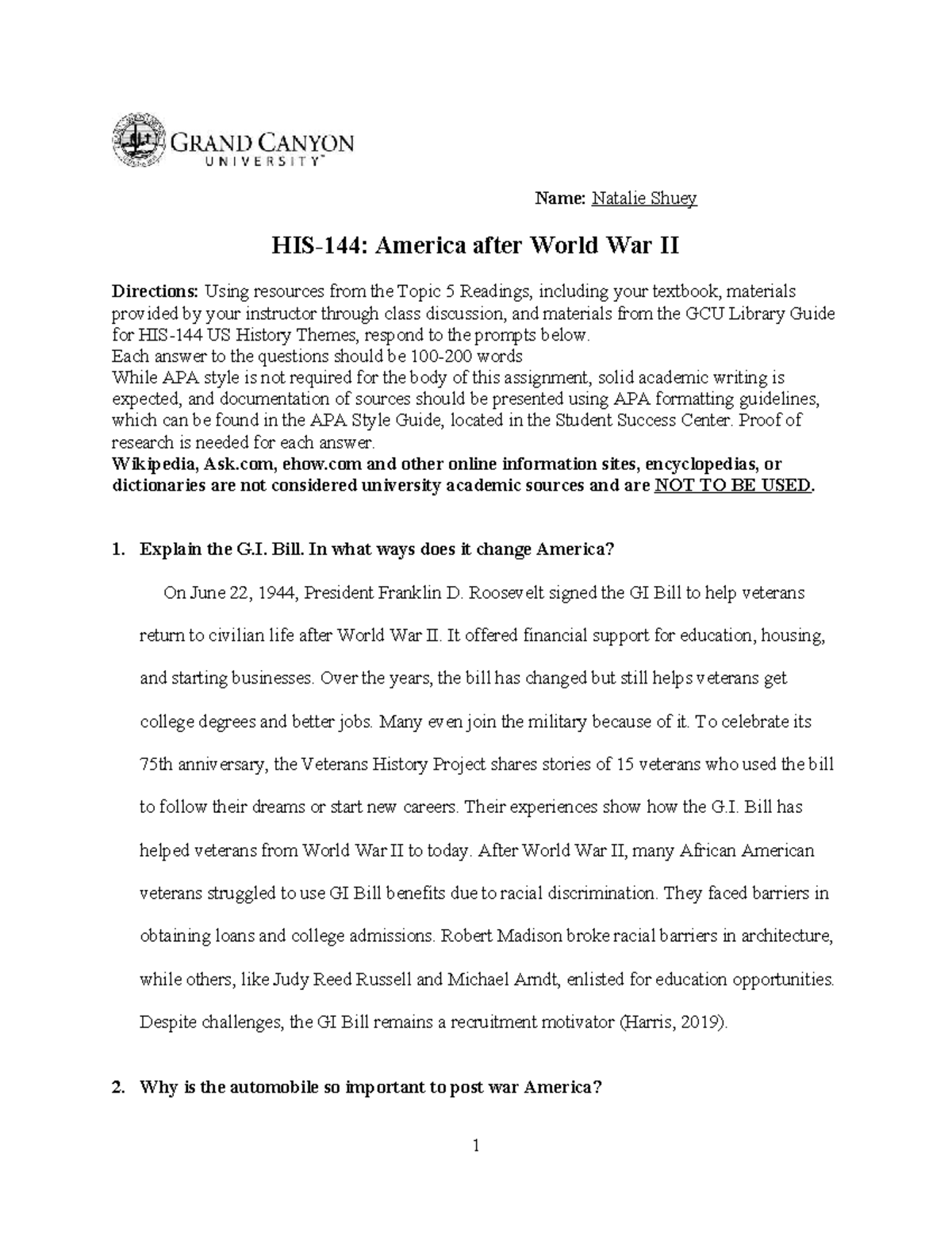HIS-144-RS-GI Bill and Social Changes in Post-WWII America Worksheet ...