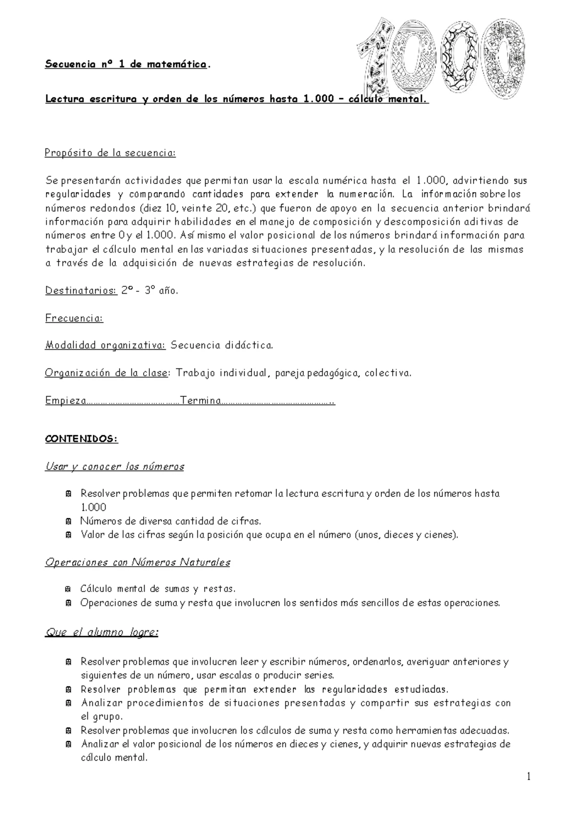 Secuencia didáctica de matemáticas para 2 Grado - 1 Secuencia nº 1 de matemática. Lectura ...