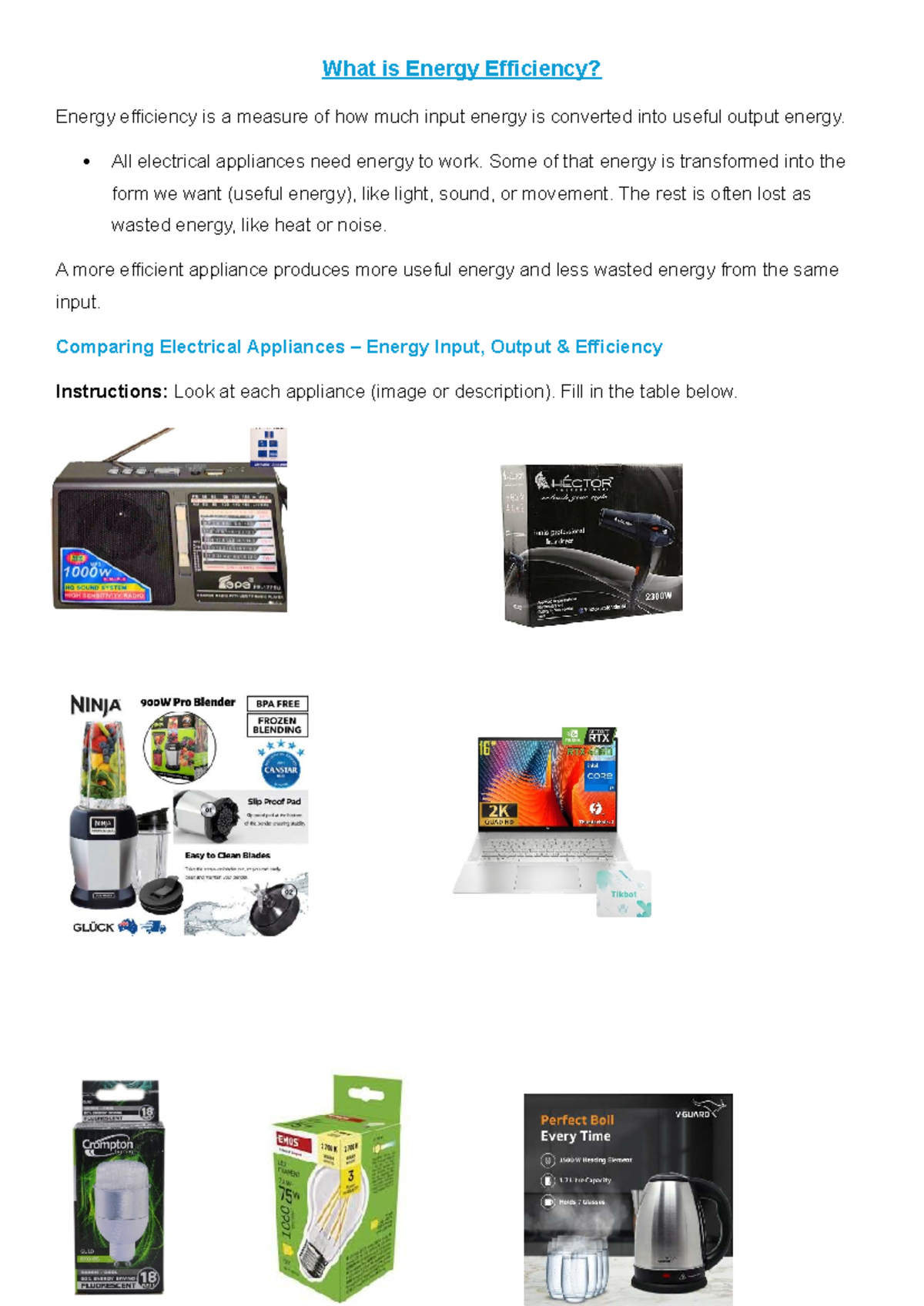 Worksheet 1 - Energy Efficiency of Electrical Appliances - Studocu