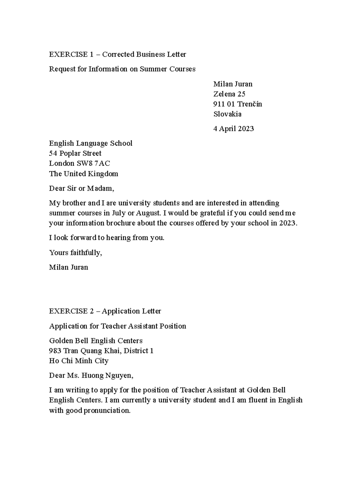 Business Letter Exercises: Request for Info & Application Letter - Studocu
