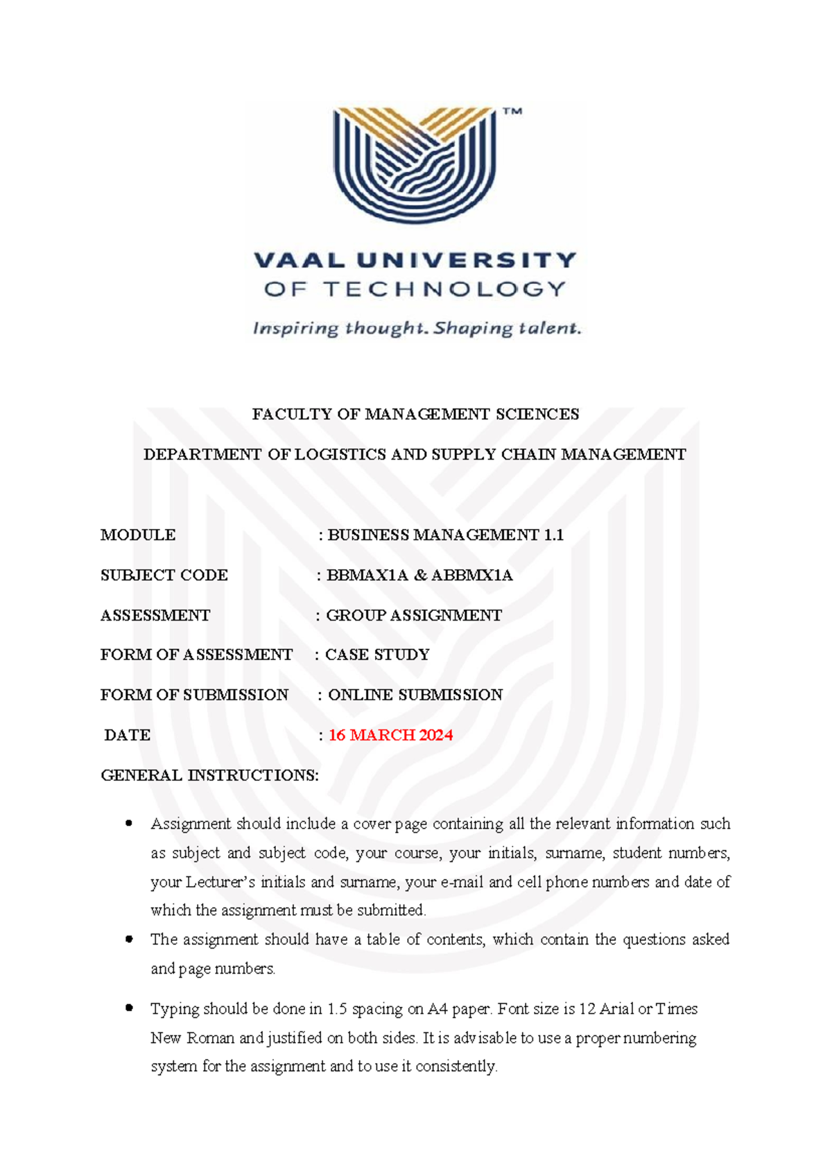 Business Management assignment 1 2025 - FACULTY OF MANAGEMENT SCIENCES ...