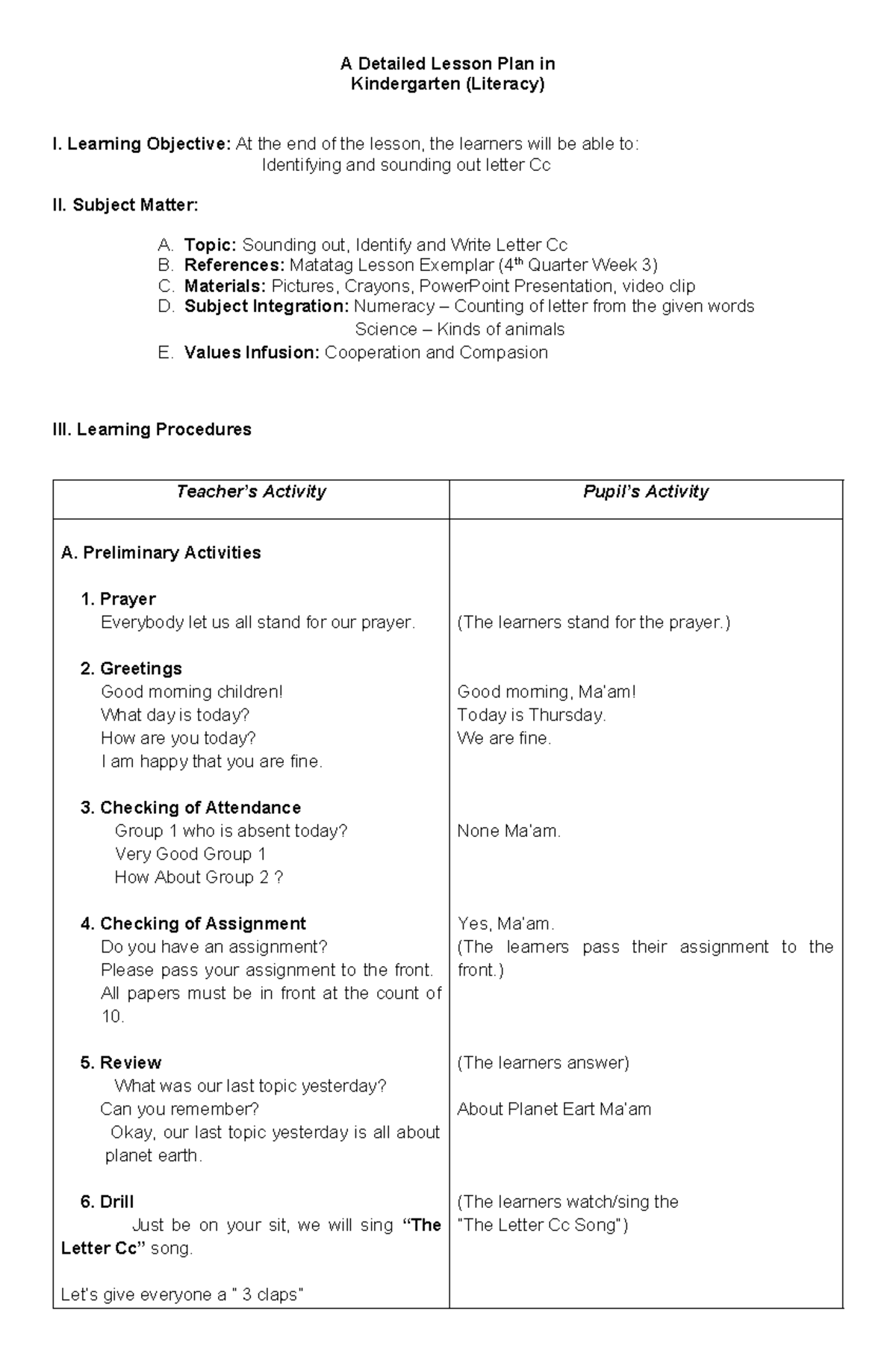 DLP Kindergarten Lesson Plan: Sounding Out Letter Cc - Studocu