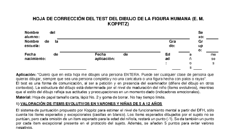 Protocolo del Test de Dibujo de la Figura Humana (DFH) - E. M. Koppitz ...