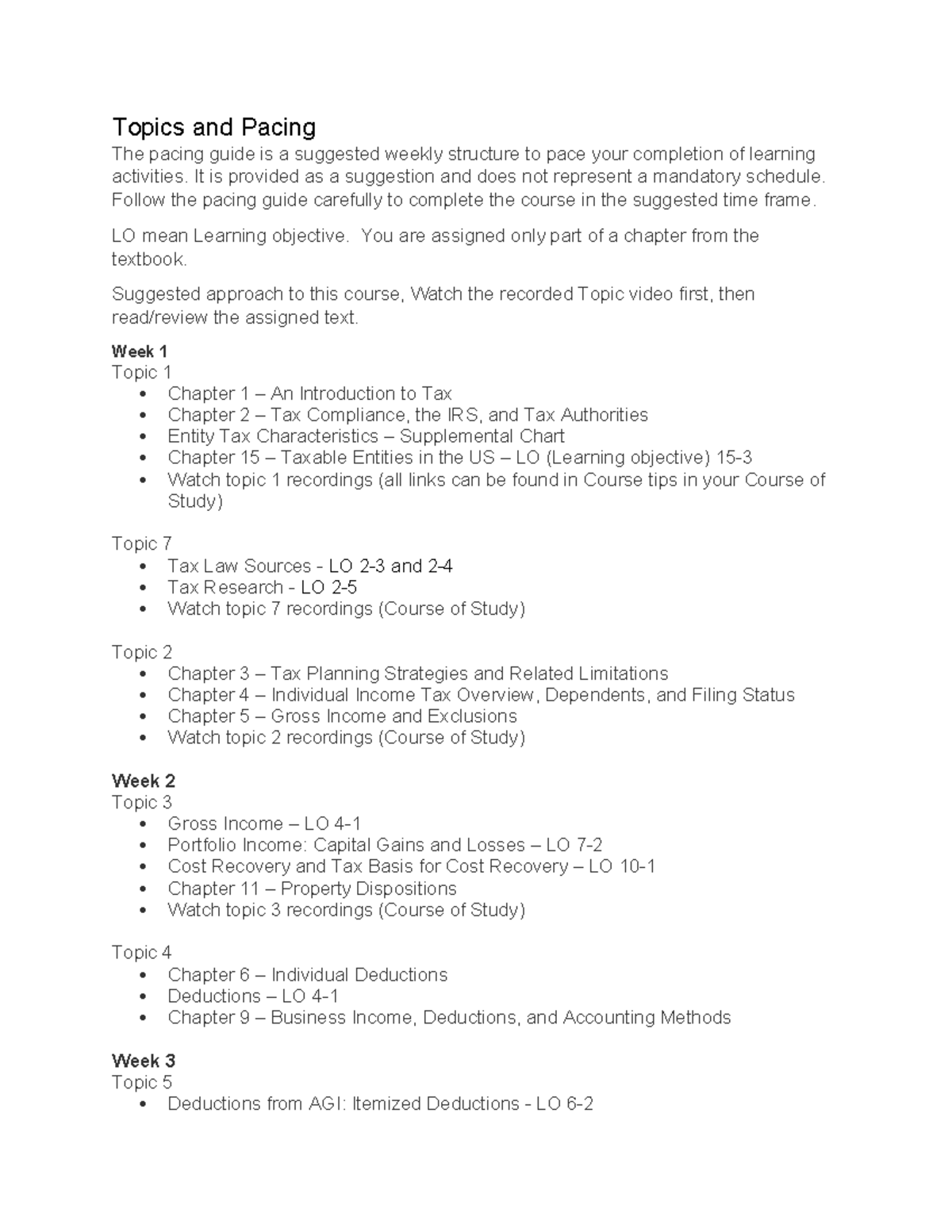 C237 Suggested Pacing Guide for Tax Course Learning Activities - Studocu