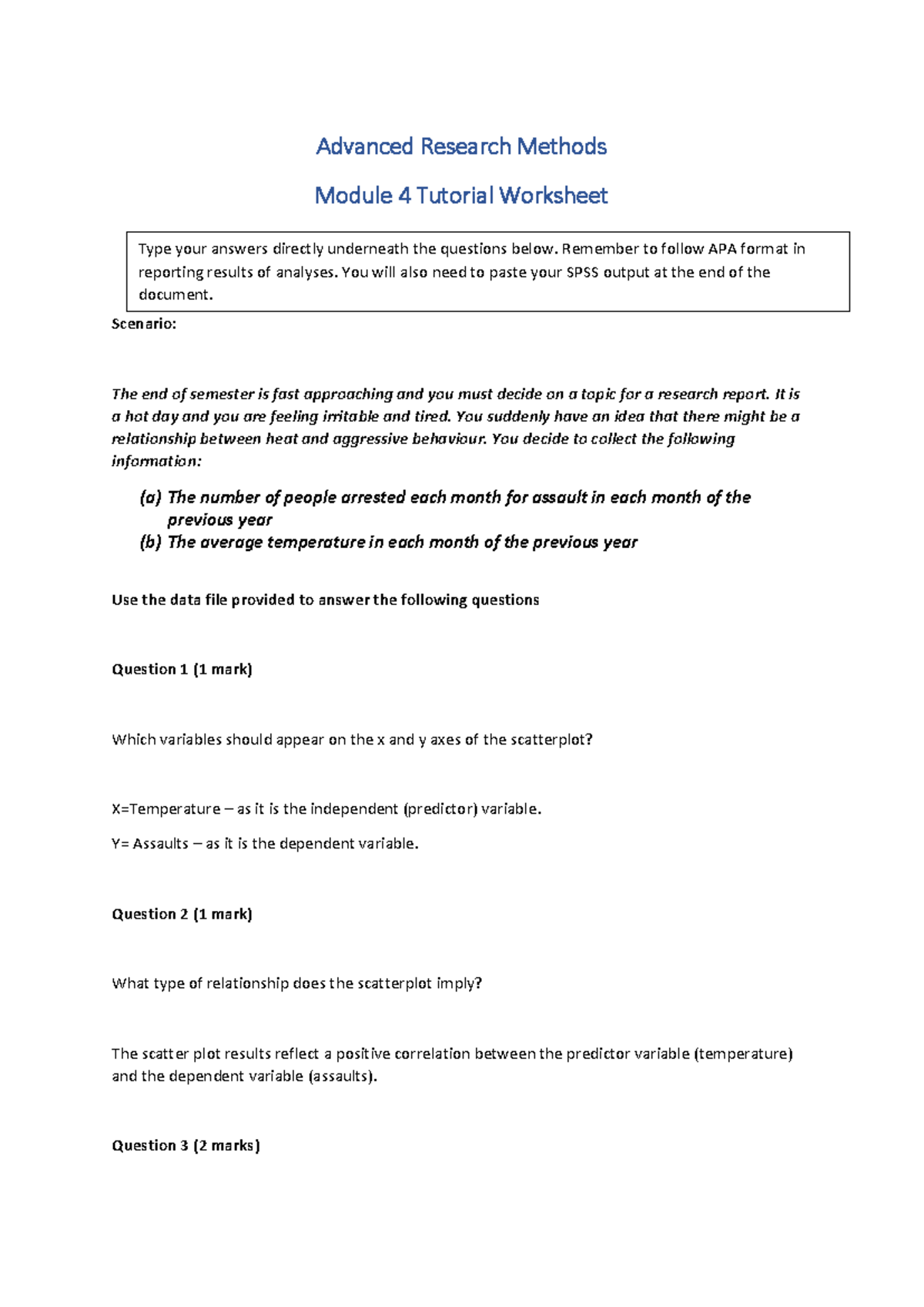 Advanced Research Methods modules - module work Sheets for data ...