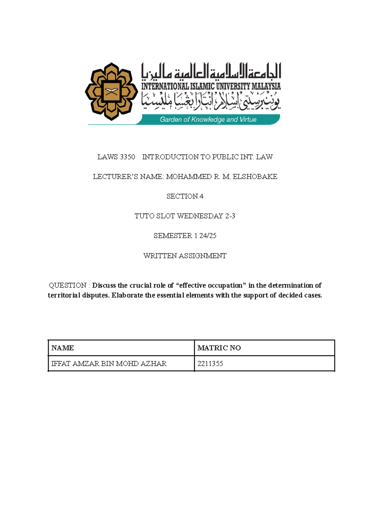 LAWS 3350 Written Assignment: The Role of Effective Occupation in ...