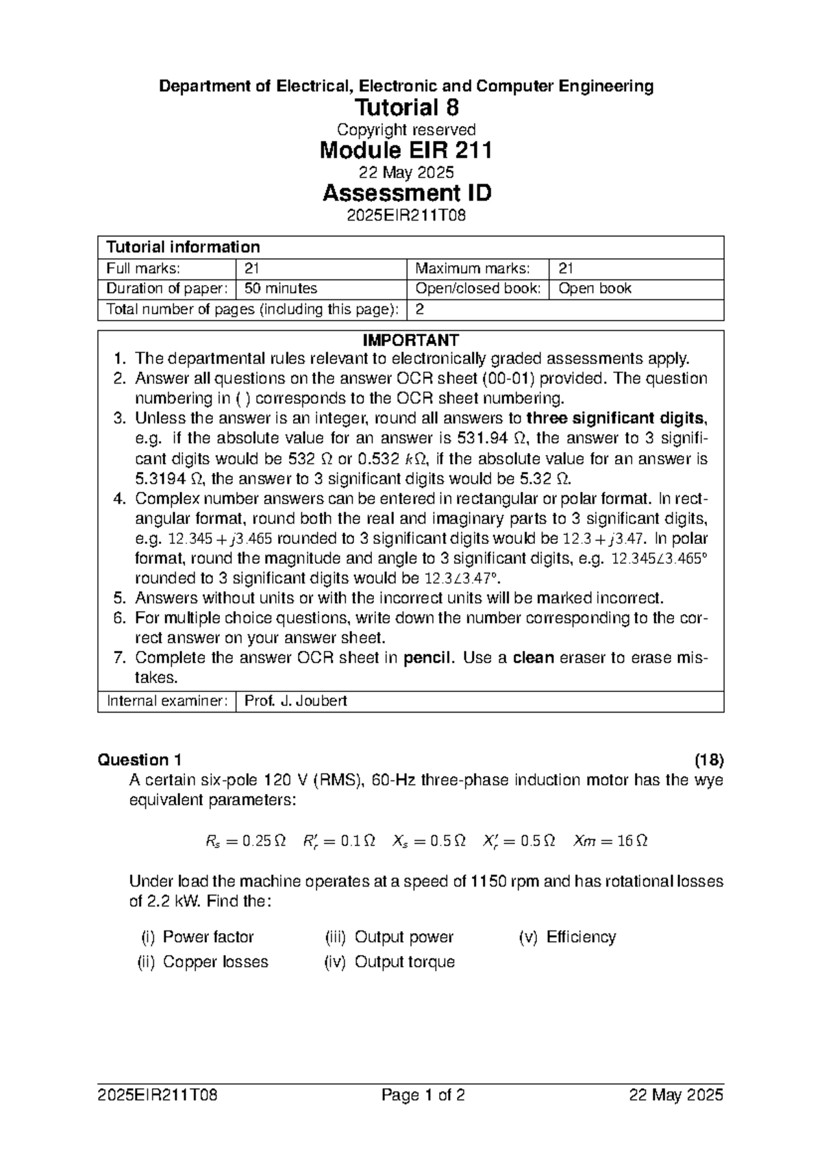 EIR 211 Tutorial 8: Induction Motor Analysis & Assessment Guide - Studocu