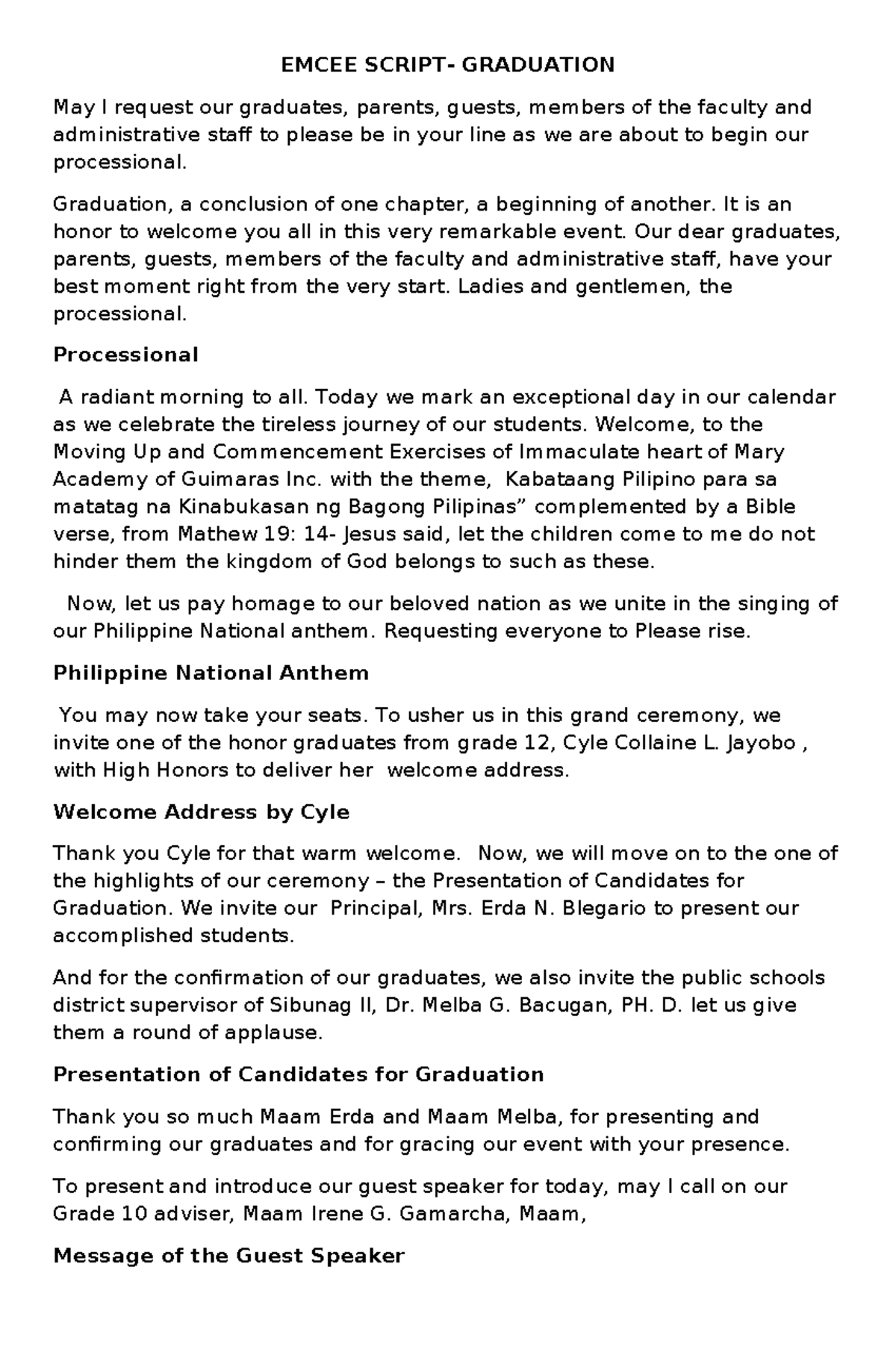 Tagalog Emcee Script For Graduation - Image to u