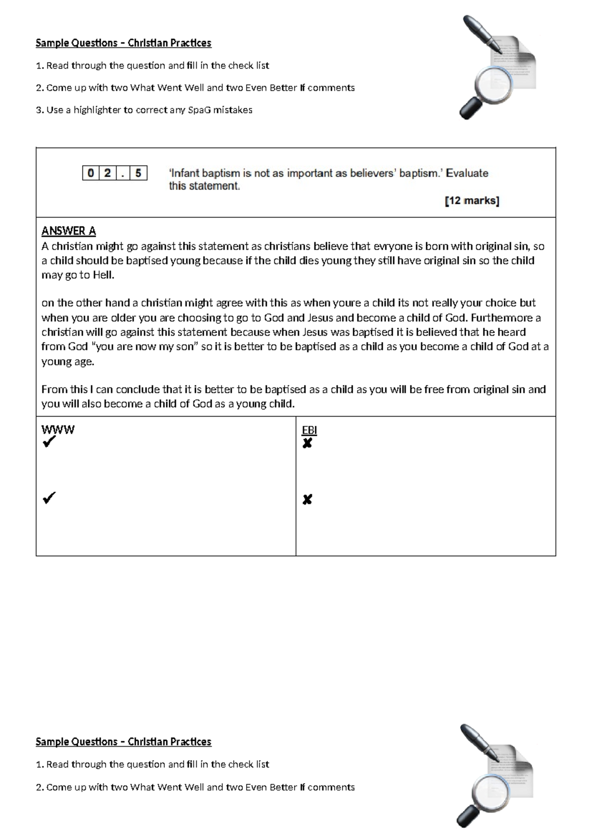 Baptism q model ajs - Sample Questions – Christian Practices 1. Read ...