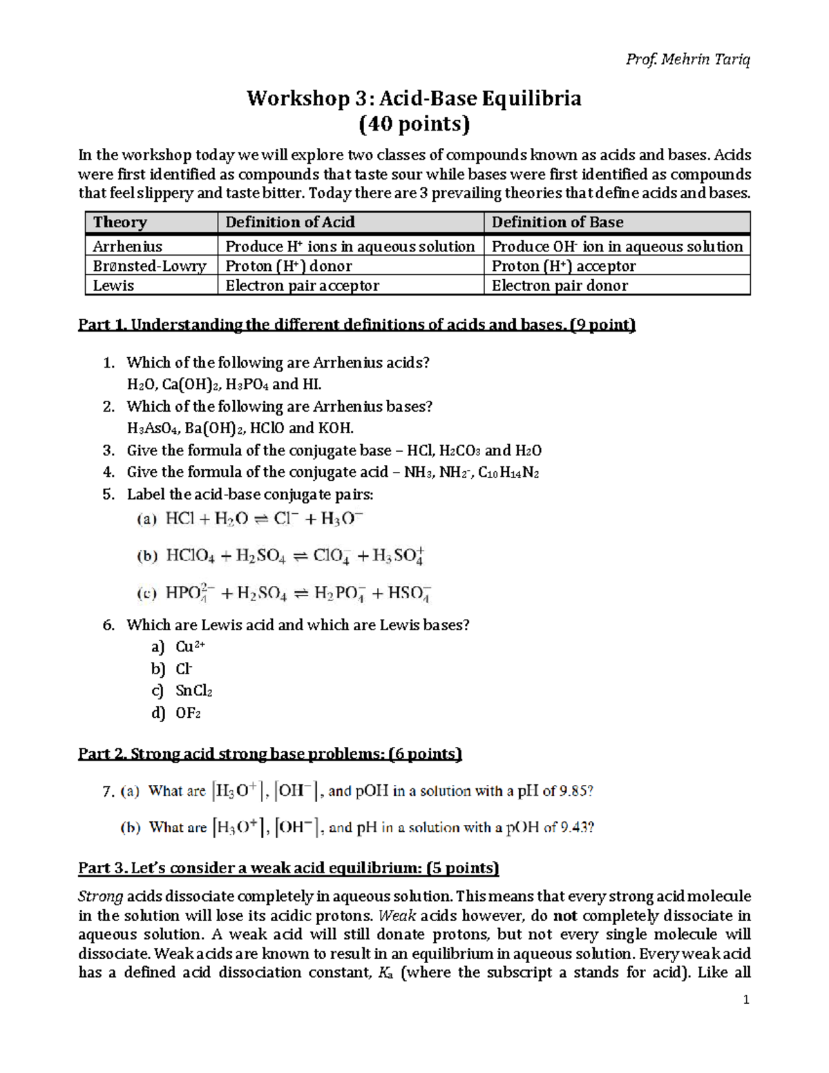 Workshop 3: Acid-Base Equilibria (Prof. Mehrin Tariq) - Studocu