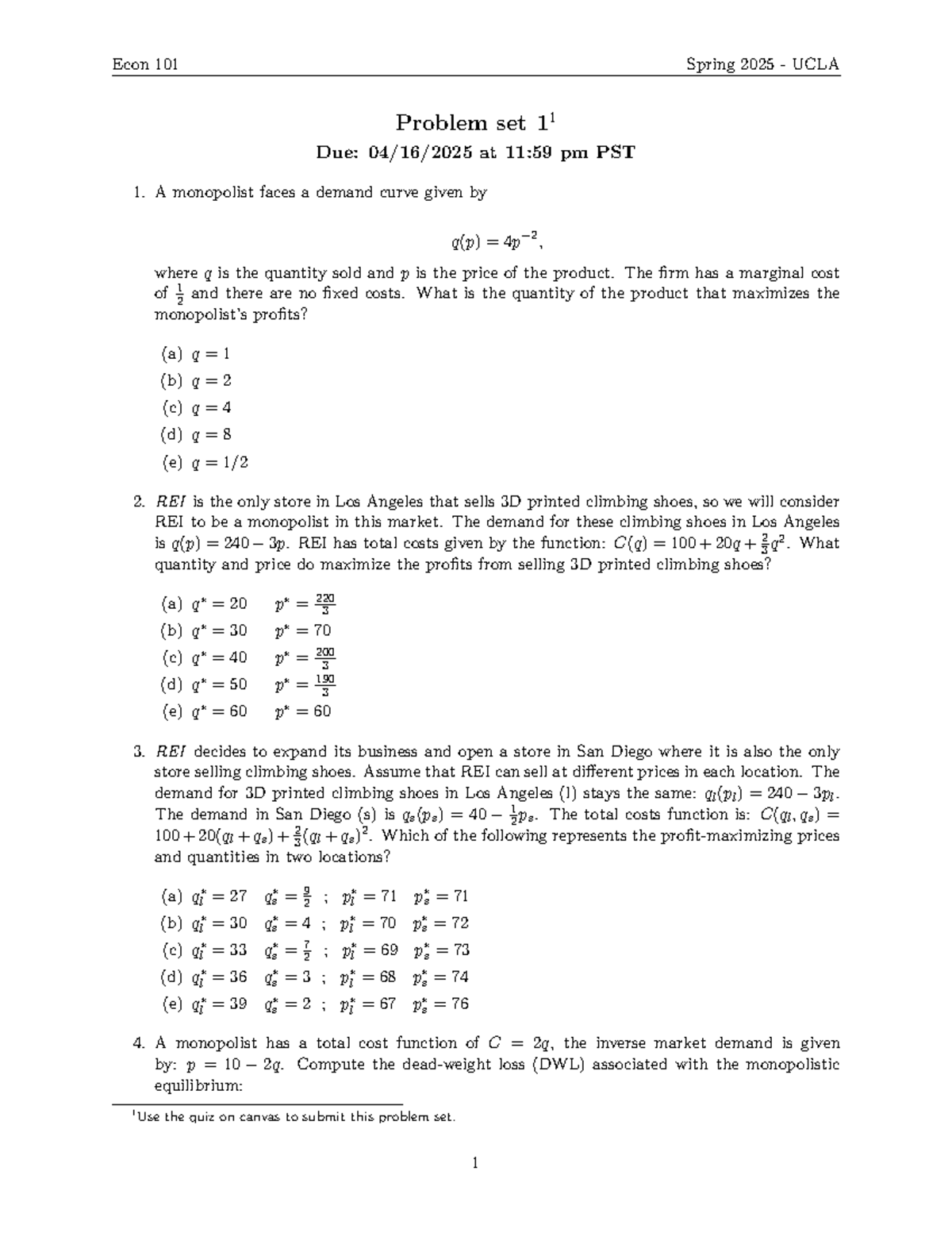 Econ 101 S25 - Problem Set 1: Monopolistic Market Analysis - Studocu