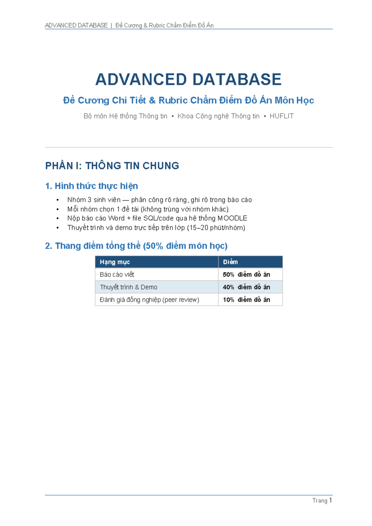 ADVANCED DATABASE Đề Cương Rubric Chấm Điểm Đồ Án Chi Tiết - Studocu