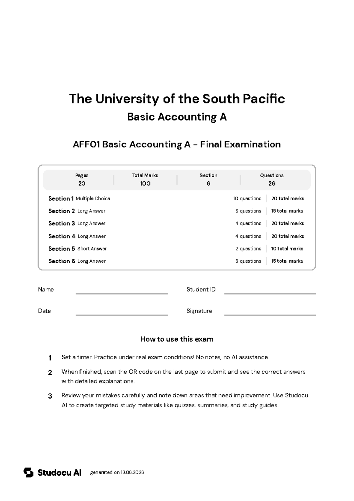 AFF01 Basic Accounting A - Final Exam - Studocu